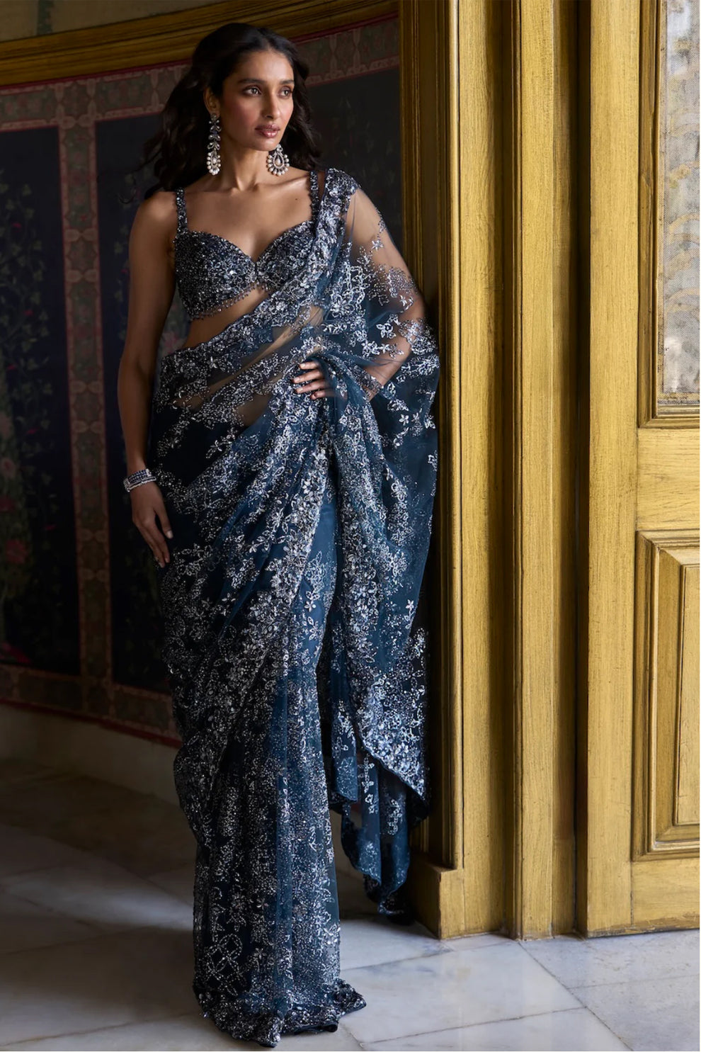 Teal Blue Sequin Saree – iSelect Collection
